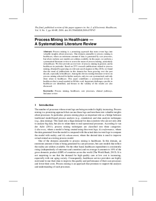 (PDF) Process mining in healthcare: a systematised literature review