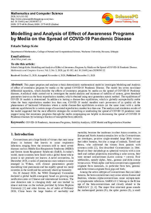 (PDF) Modelling and Analysis of Effect of Awareness Programs by Media ...