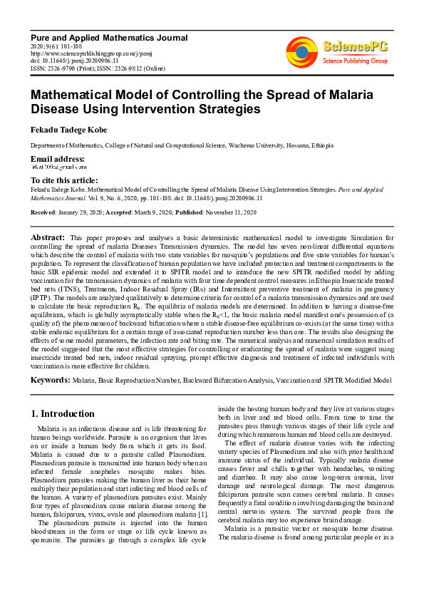 (PDF) Mathematical Model of Controlling the Spread of Malaria Disease Using Intervention Strategies