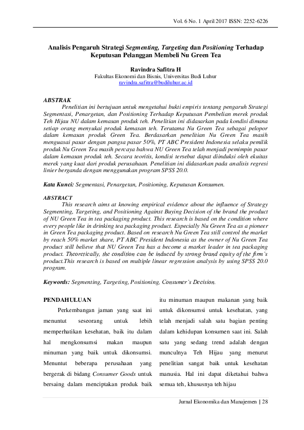 Pdf Analisis Pengaruh Strategi Segmenting Targeting Dan Positioning