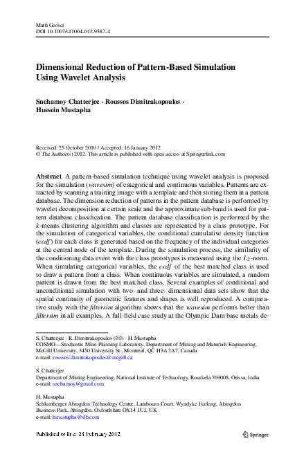 Pdf Dimensional Reduction Of Pattern Based Conditional Simulation Using Wavelet Analysis