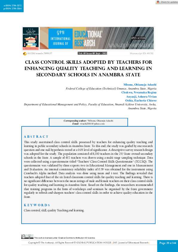 (PDF) Class Control Skills Adopted by Teachers for Enhancing Quality ...