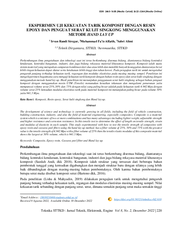 Pdf Eksperimen Uji Kekuatan Tarik Komposit Dengan Resin Epoxy Dan Penguat Serat Kulit Singkong