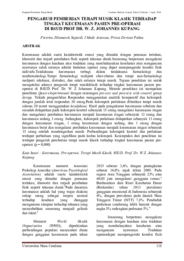 (PDF) Pengaruh Pemberian Terapi Musik Klasik Terhadap Tingkat Kecemasan Pasien Pre-Operasi DI ...