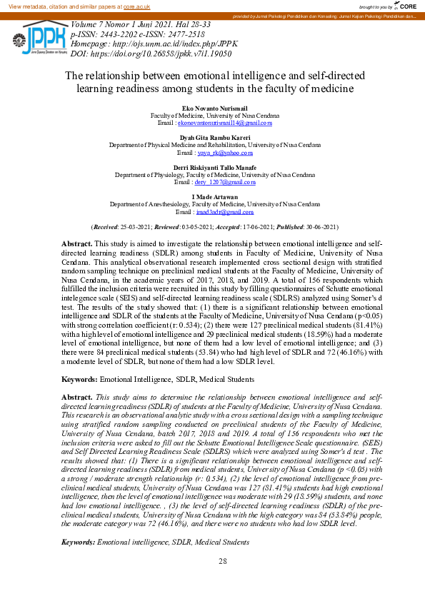 (PDF) The relationship between emotional intelligence and self-directed learning readiness among ...