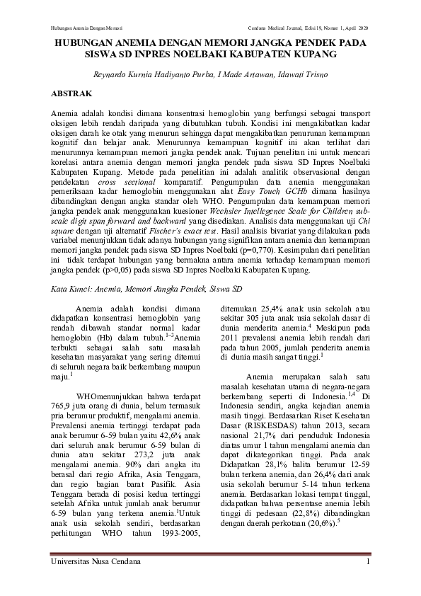 (PDF) Hubungan Anemia Dengan Memori Jangka Pendek Pada Siswa SD Inpres Noelbaki Kabupaten Kupang ...
