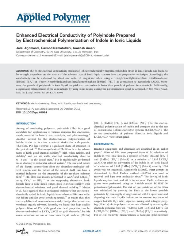 (PDF) Enhanced electrical conductivity of polyindole prepared by electrochemical polymerization ...