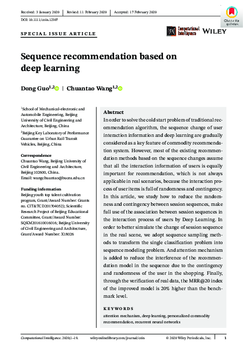 (PDF) Sequence recommendation based on deep learning