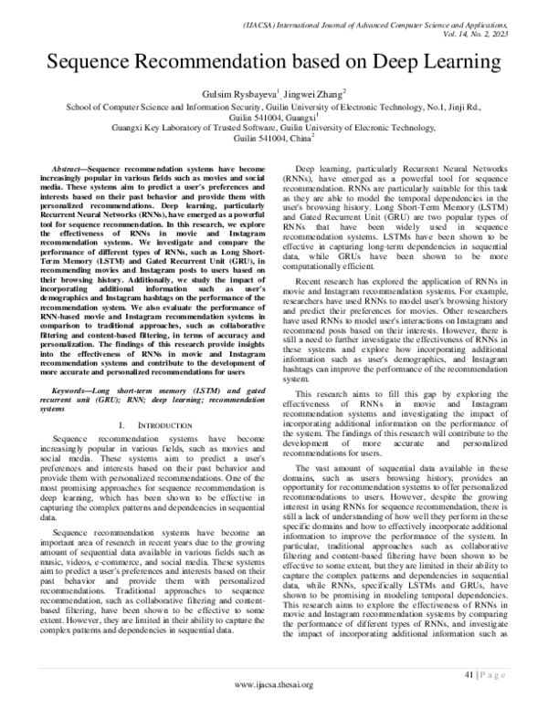 (PDF) Sequence Recommendation based on Deep Learning
