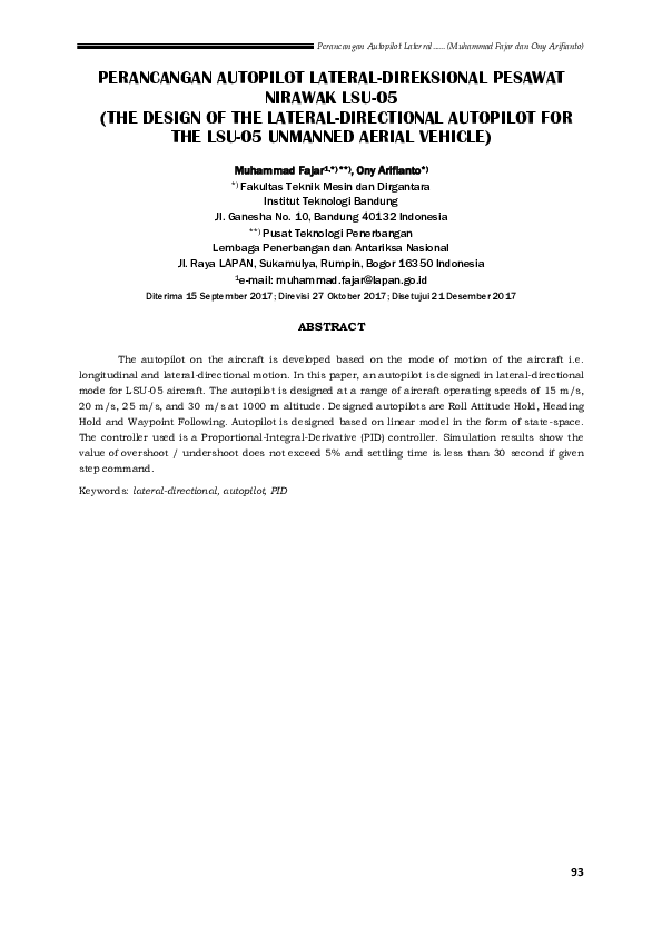 (PDF) Perancangan Autopilot Lateral-Direksional Pesawat Nirawak LSU-05 ...