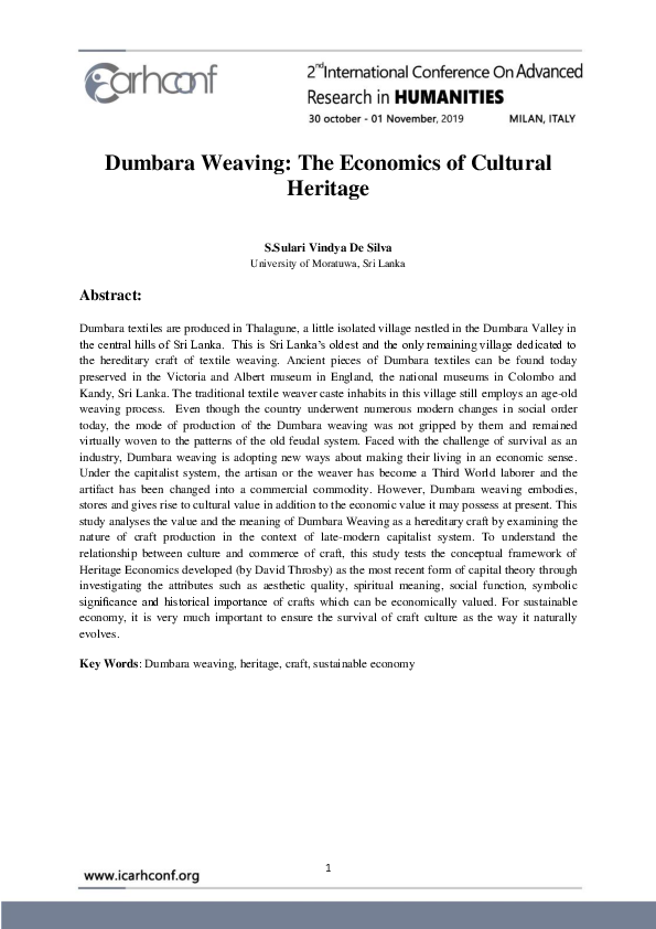 (PDF) Dumbara Weaving: The Economics of Cultural Heritage