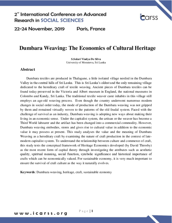 (PDF) Dumbara Weaving: The Economics of Cultural Heritage