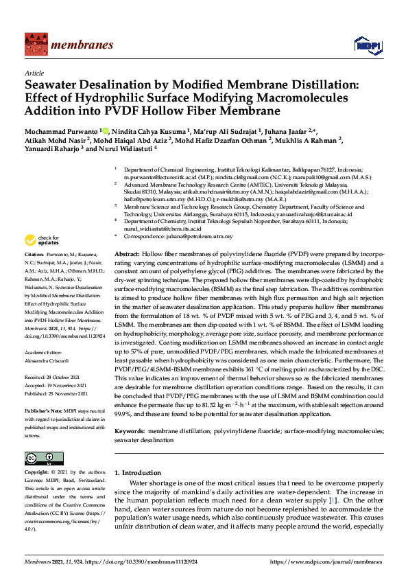 (PDF) Seawater Desalination by Modified Membrane Distillation: Effect ...