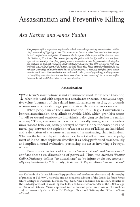 (PDF) Asa Kasher and Amos Yadlin, “Assassination and Preventive Killing ...