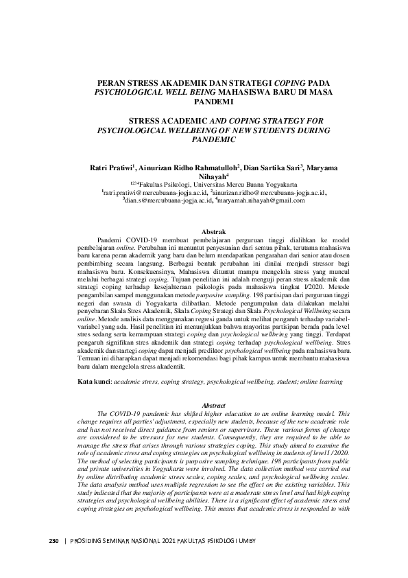 (PDF) Peran Stress Akademik Dan Strategi Coping Pada Psychological Well ...
