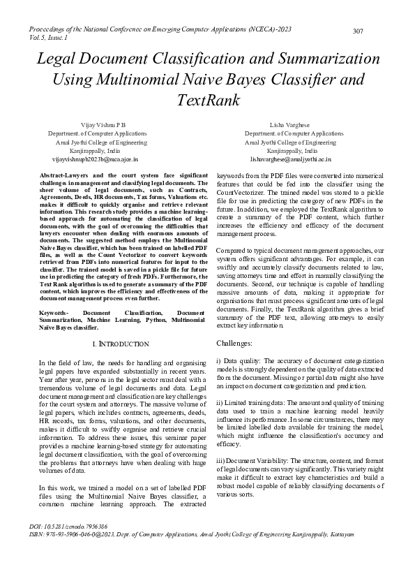 (PDF) Legal Document Classification and Summarization Using Multinomial Naive Bayes Classifier ...