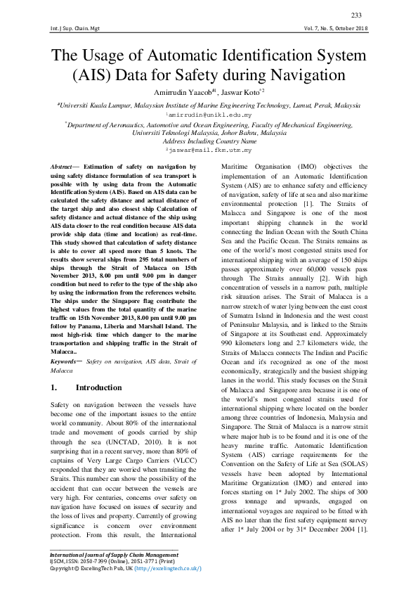 Pdf The Usage Of Automatic Identification System Ais Data For Safety During Navigation