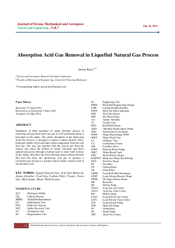 (PDF) Absorption Acid Gas Removal in Liquefied Natural Gas Process