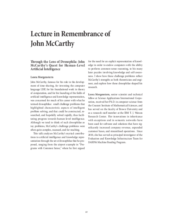 (PDF) Lecture in Remembrance of John McCarthy | Leora Morgenstern ...