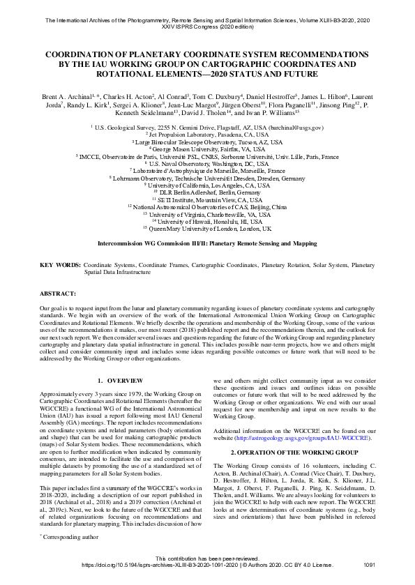 (PDF) Coordination of Planetary Coordinate System Recommendations by ...