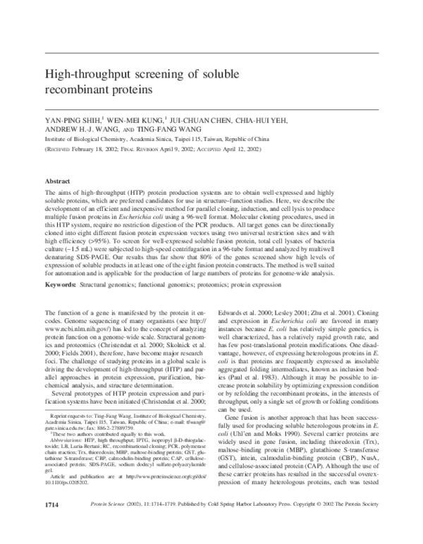 (PDF) High-throughput screening of soluble recombinant proteins | Yan-ping Shih - Academia.edu