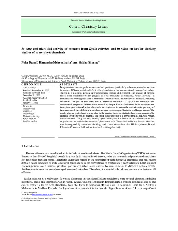 (PDF) In vitro antimicrobial activity of extracts from Kydia calycina and in-silico molecular ...