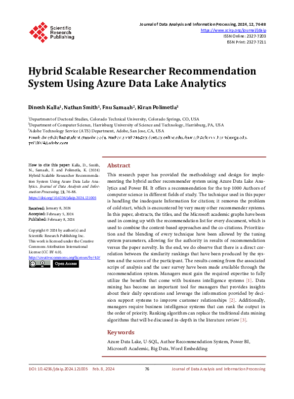 (PDF) Hybrid Scalable Researcher Recommendation System Using Azure Data Lake Analytics