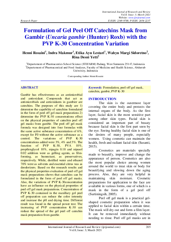 (PDF) Formulation of Gel Peel Off Catechins Mask from Gambir (Uncaria ...