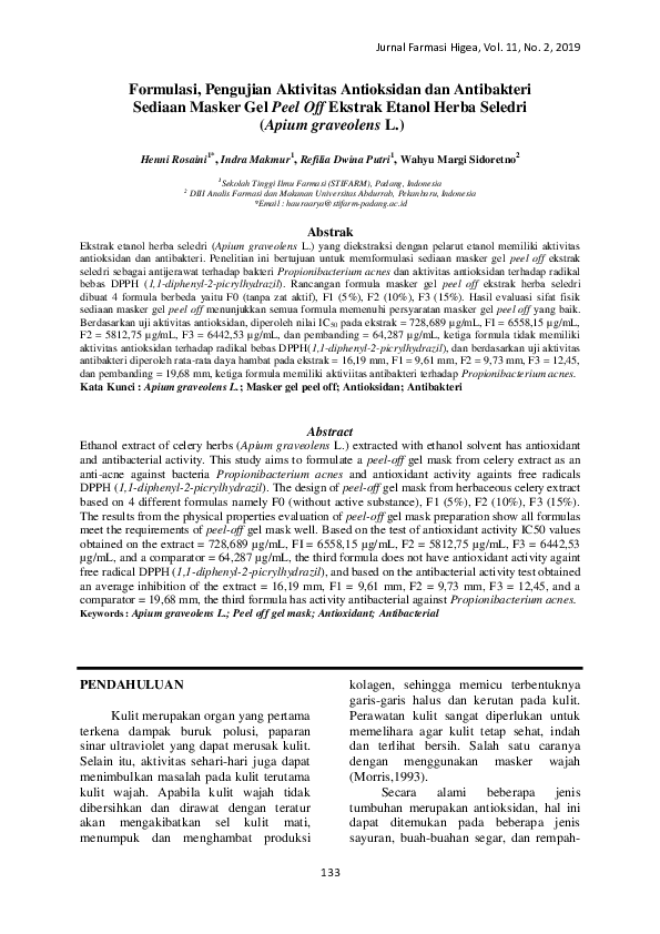 (PDF) Formulasi, Pengujian Aktivitas Antioksidan dan Antibakteri Sediaan Masker Gel Peel Off ...
