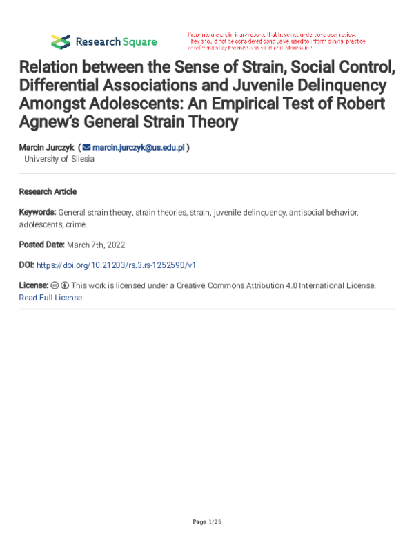 (PDF) Relation between the Sense of Strain, Social Control, Differential Associations and ...