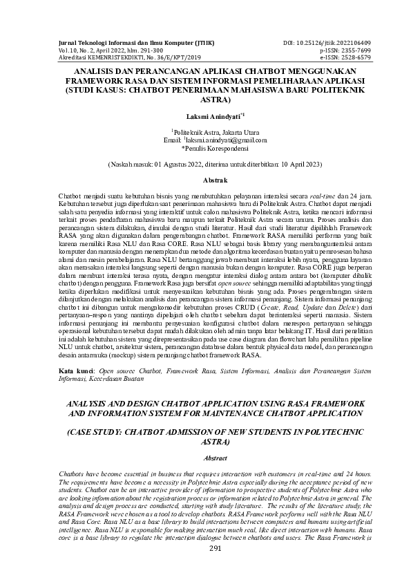 (PDF) Analisis dan Perancangan Aplikasi Chatbot Menggunakan Framework Rasa dan Sistem Informasi ...