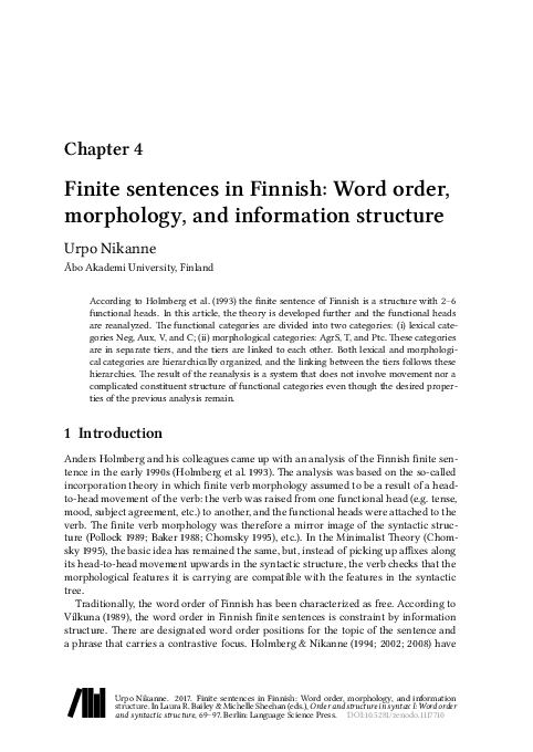 (PDF) Finite Sentences In Finnish: Word Order, Morphology, And ...