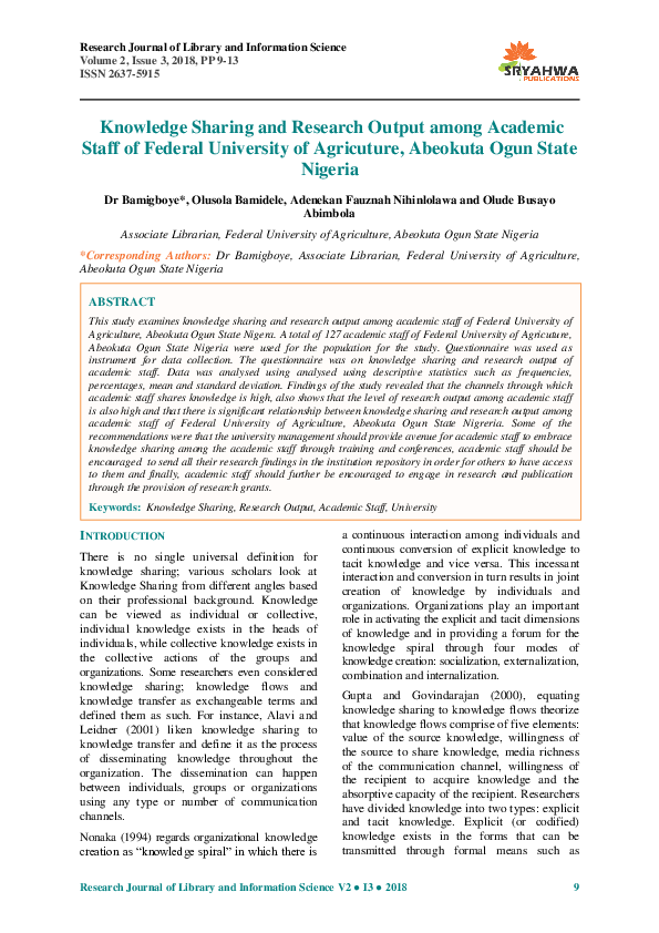 (PDF) Knowledge Sharing and Research Output among Academic Staff of Federal University of ...