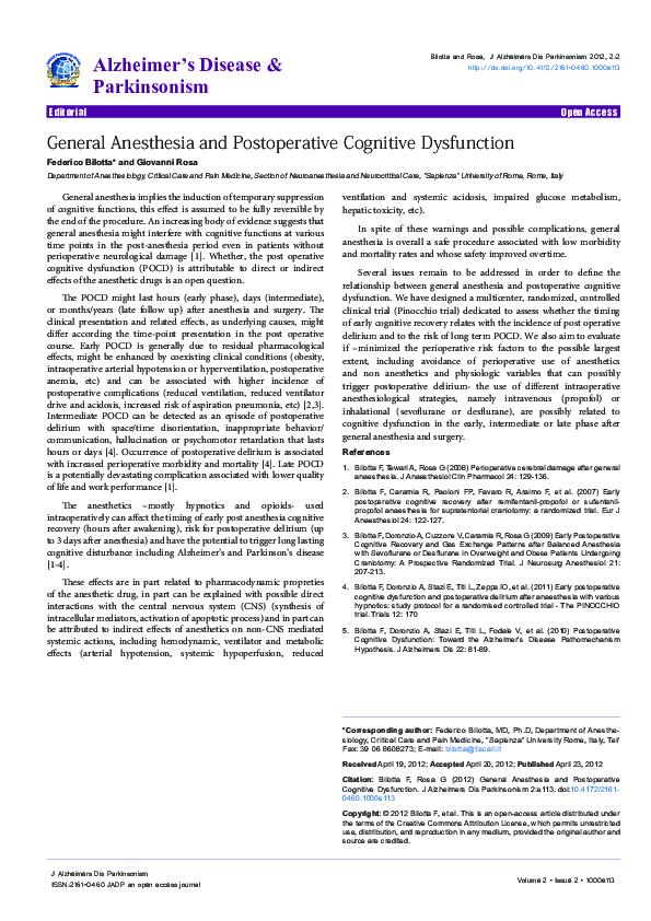 (PDF) General Anesthesia and Postoperative Cognitive Dysfunction