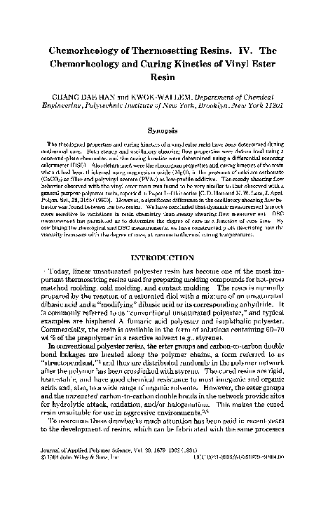 (PDF) Chemorheology of thermosetting resins. IV. The chemorheology and curing kinetics of vinyl ...
