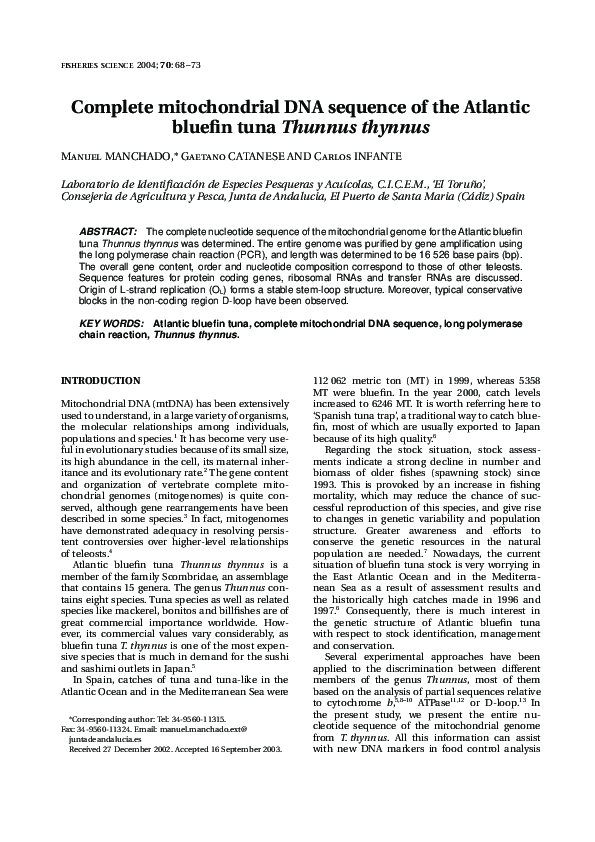 (PDF) Complete mitochondrial DNA sequence of the Atlantic bluefin tuna ...
