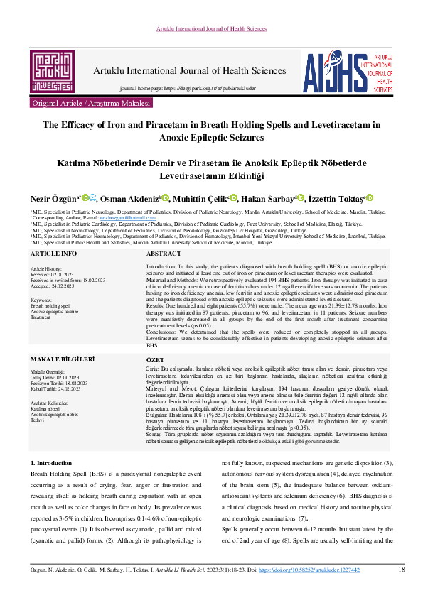 (PDF) Katılma Nöbetlerinde Demir ve Pirasetam ile Anoksik Epileptik ...