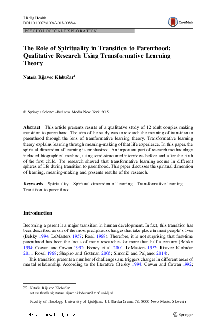 (PDF) The Role of Spirituality in Transition to Parenthood: Qualitative Research Using ...