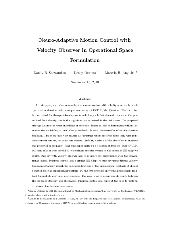 Pdf Neuro Adaptive Motion Control With Velocity Observer In Operational Space Formulation
