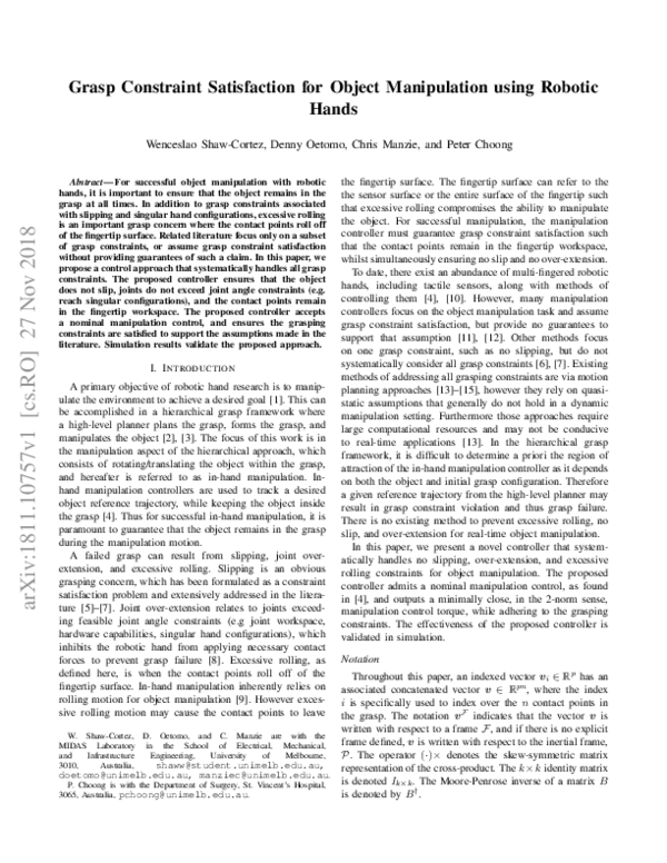 (PDF) Grasp Constraint Satisfaction for Object Manipulation using Robotic Hands