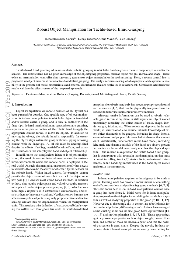 (PDF) Object Manipulation using Robotic Hands with Varying Degrees of Grasp Knowledge
