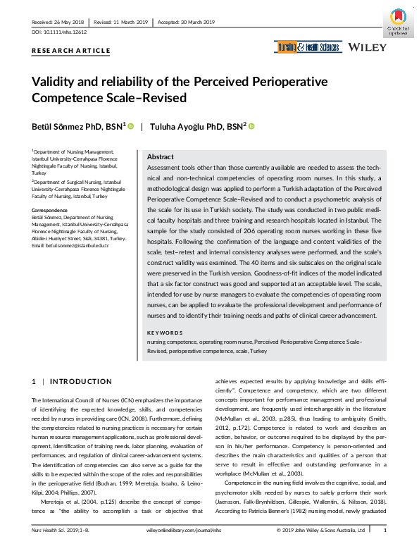 (PDF) Validity and reliability of the Perceived Perioperative Competence Scale–Revised