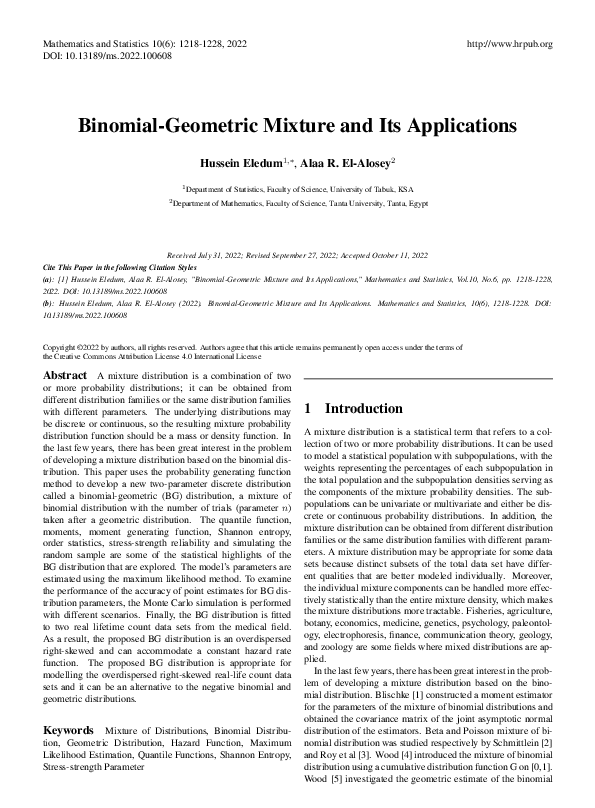 Pdf Binomial Geometric Mixture And Its Applications Hussein Eledum