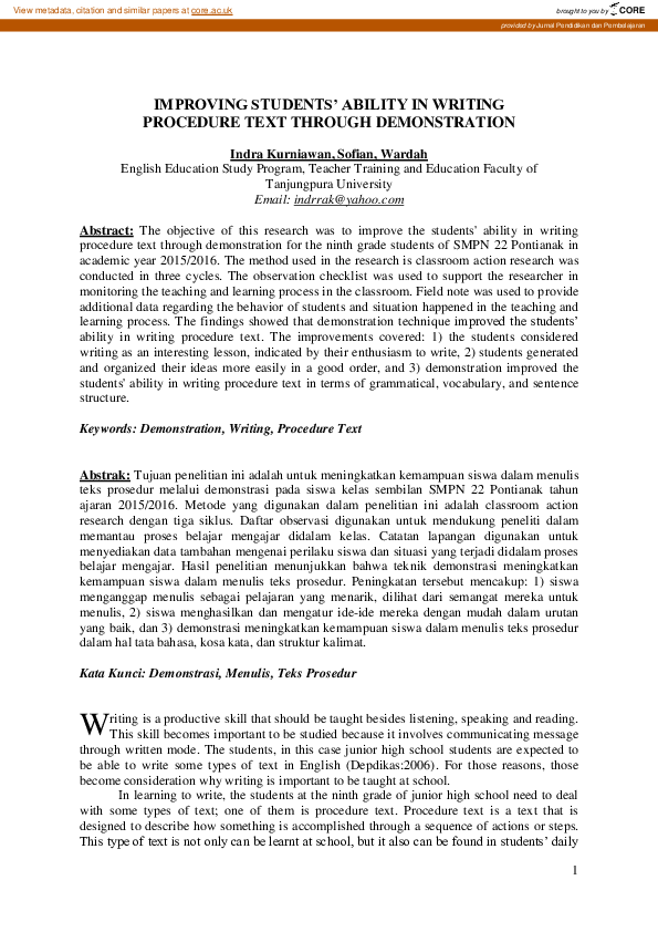 (PDF) Improving Students’ Ability in Writing Procedure Text Through Demonstration | Indra ...