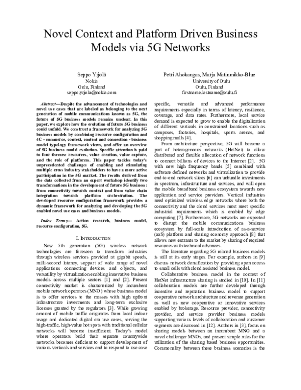 (PDF) Novel Context and Platform Driven Business Models via 5G Networks