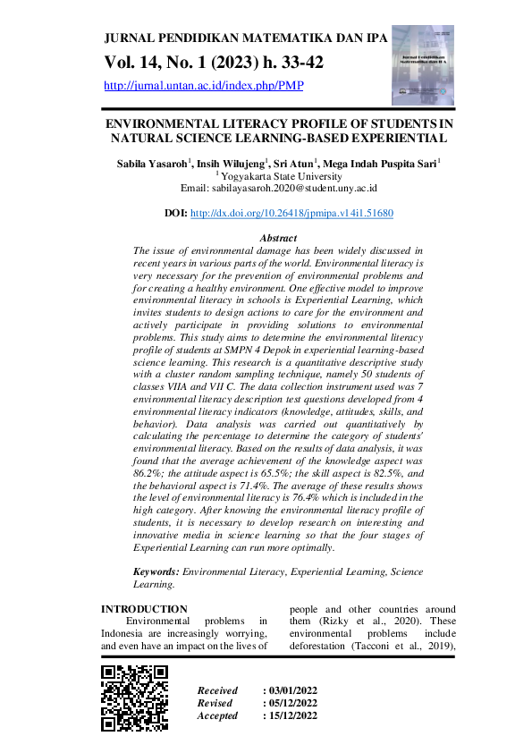 (PDF) Environmental Literacy Profile of Students in Natural Science ...