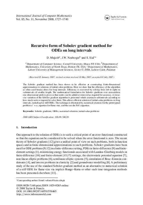 (PDF) Recursive form of Sobolev gradient method for ODEs on long intervals | Sultan Sial ...