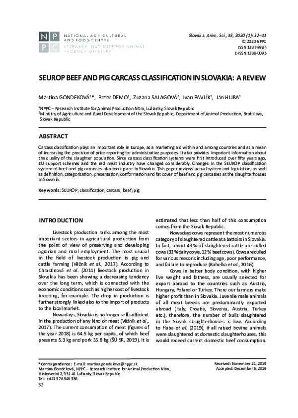 (PDF) Seurop Beef and Pig Carcass Classification in Slovakia: A Review