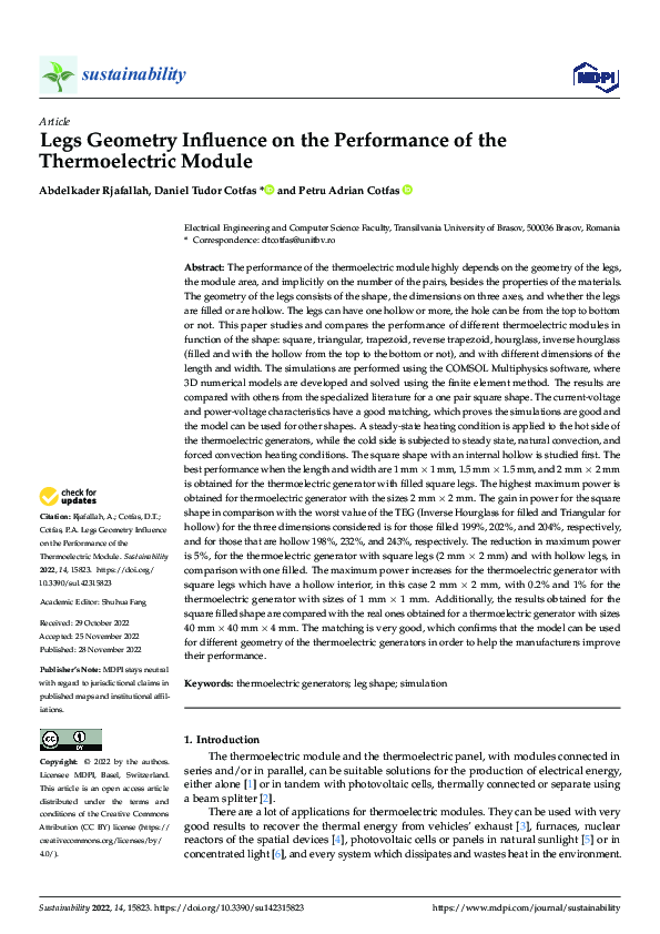 (PDF) Legs Geometry Influence on the Performance of the Thermoelectric ...