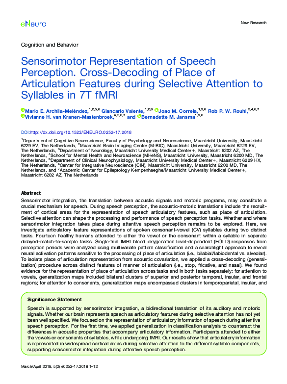 (PDF) Sensorimotor Representation of Speech Perception. Cross-Decoding of Place of Articulation ...